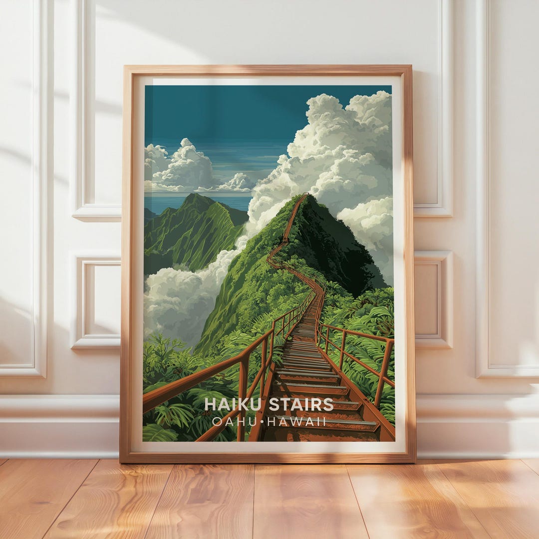 Haiku Stairs Oahu Hawaii Vintage Travel Poster, Retro Nature Art Print ...