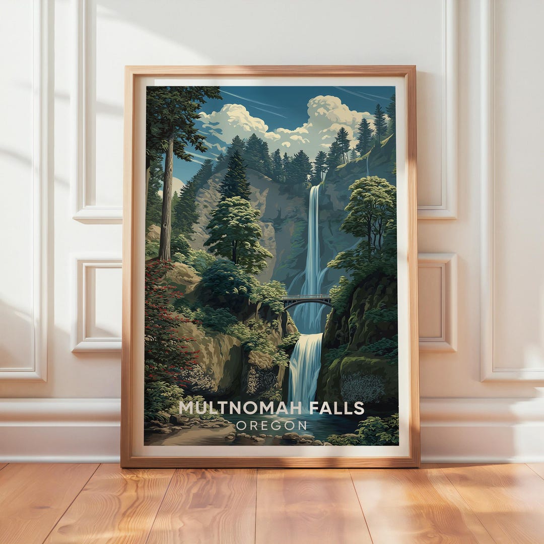 Multnomah Falls Oregon Print, Vintage Travel Poster, Nature Landscape ...