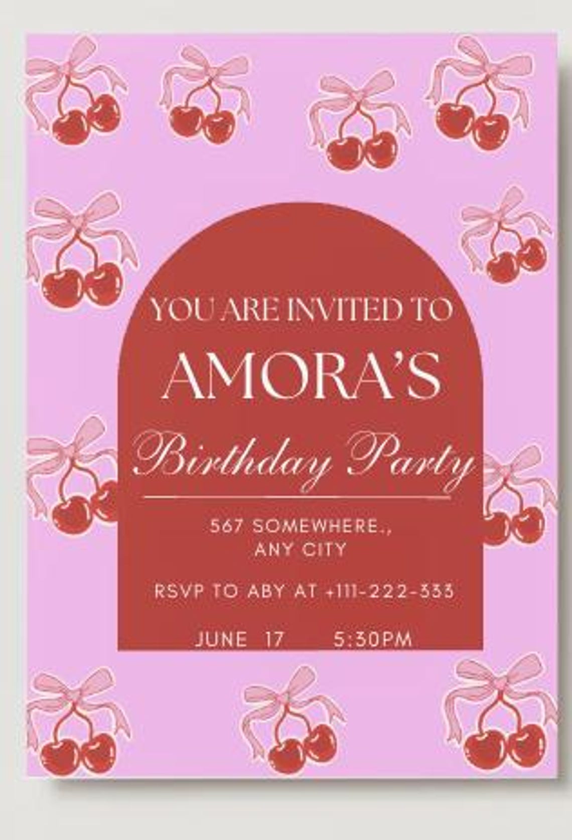 Editable Cherry Birthday Invitation Editable Pink Birthday Card Sweet ...