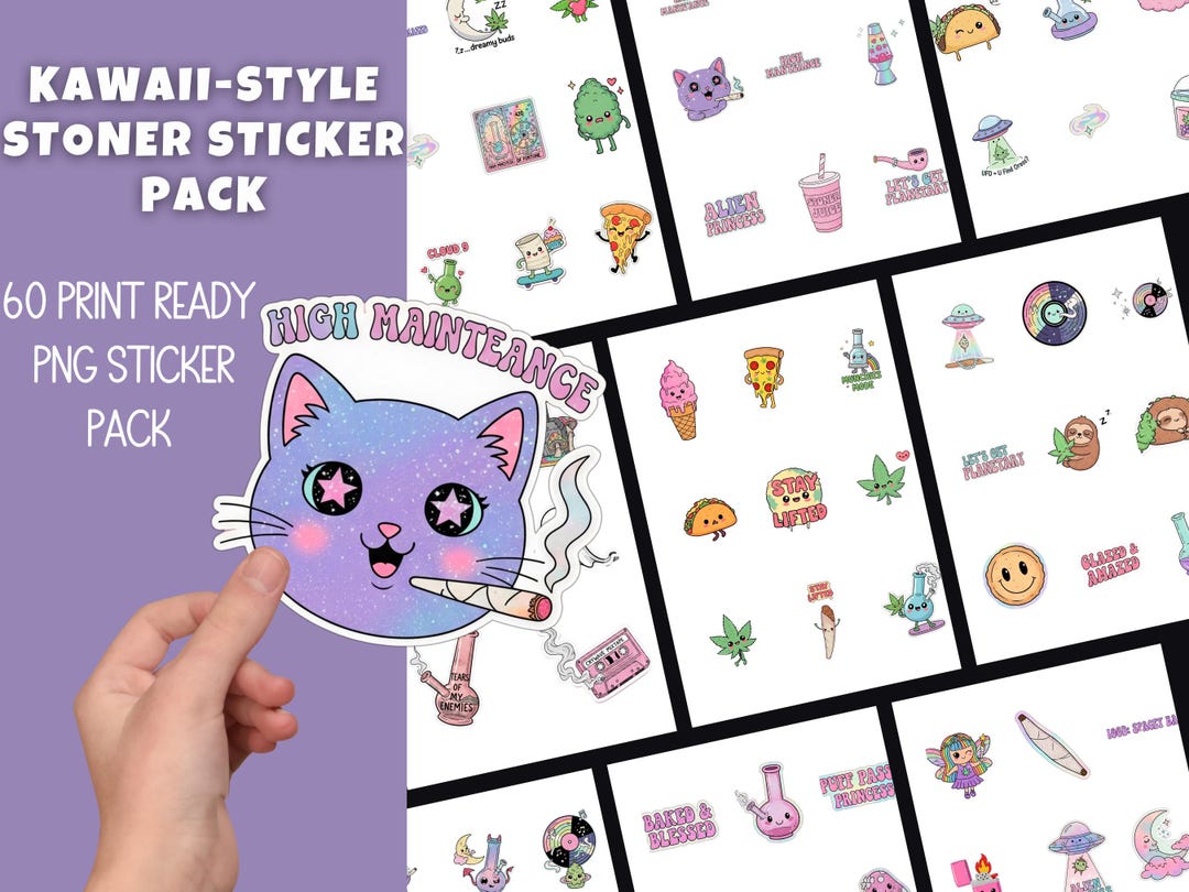 Kawaii-style Stoner Sticker Pack, 300 DPI, Stoner PNG, Instant Download ...