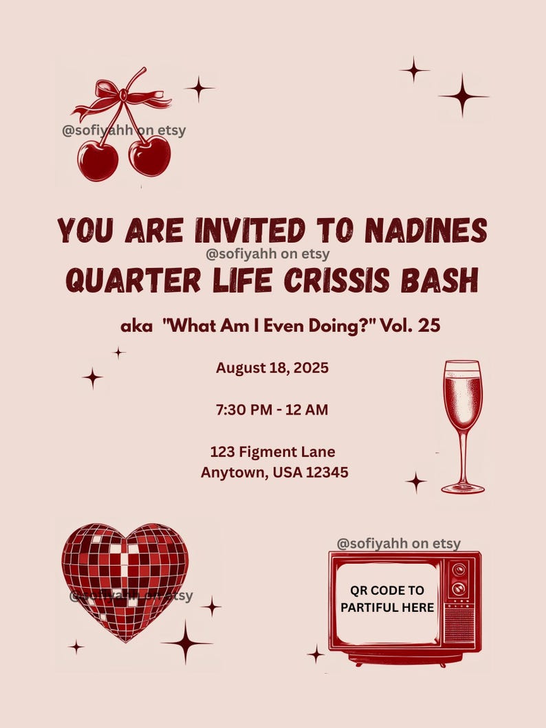 Quarter Life Crisis Birthday Invitation Template | Editable Canva ...