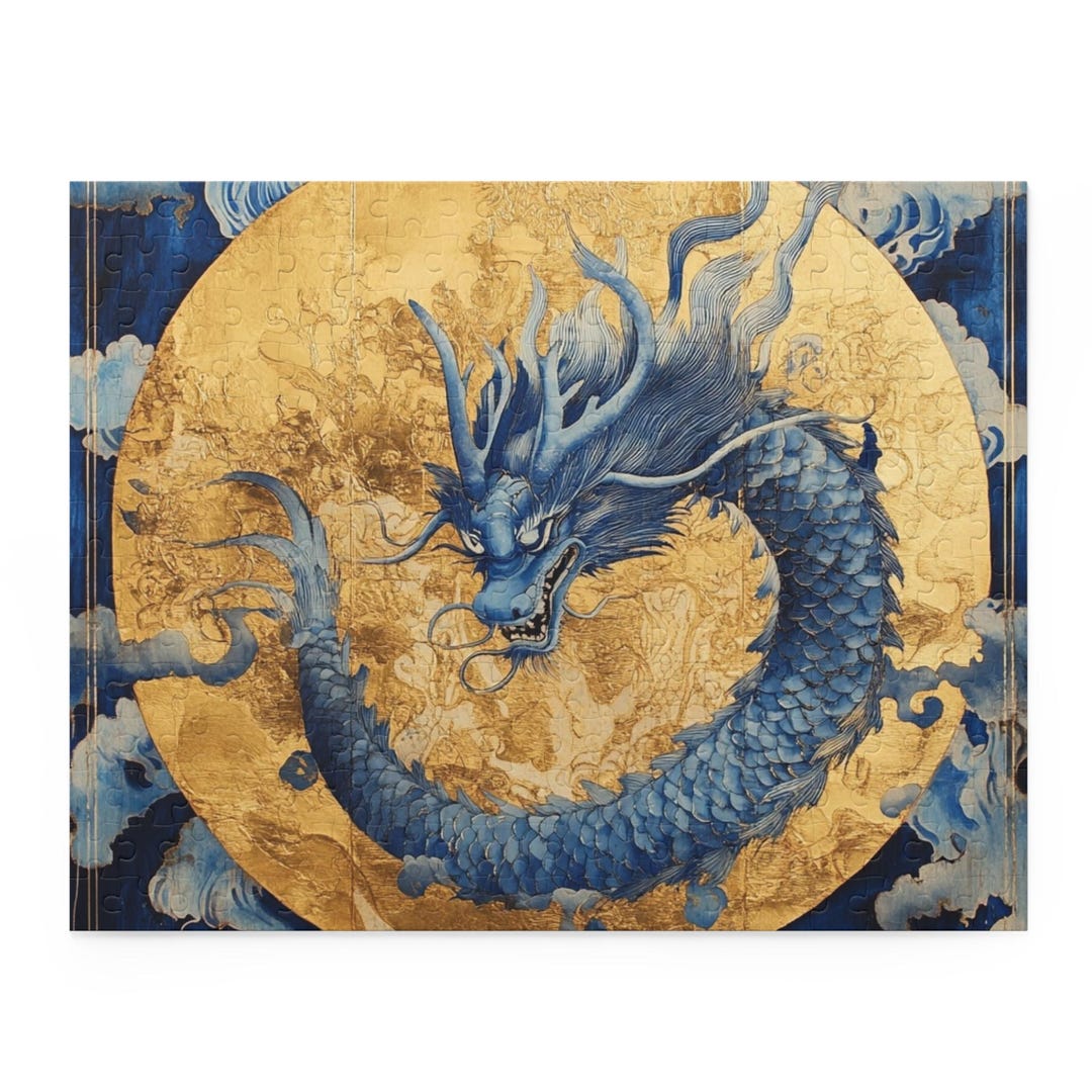 Blue Dragon Puzzle - Japanese Mythical Creature With Gold Moon Art ...