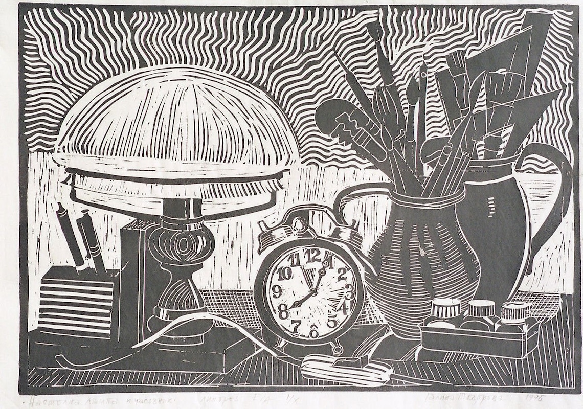 Original, Handmade, Framed and Matted Linocut Still Life With a Clock ...