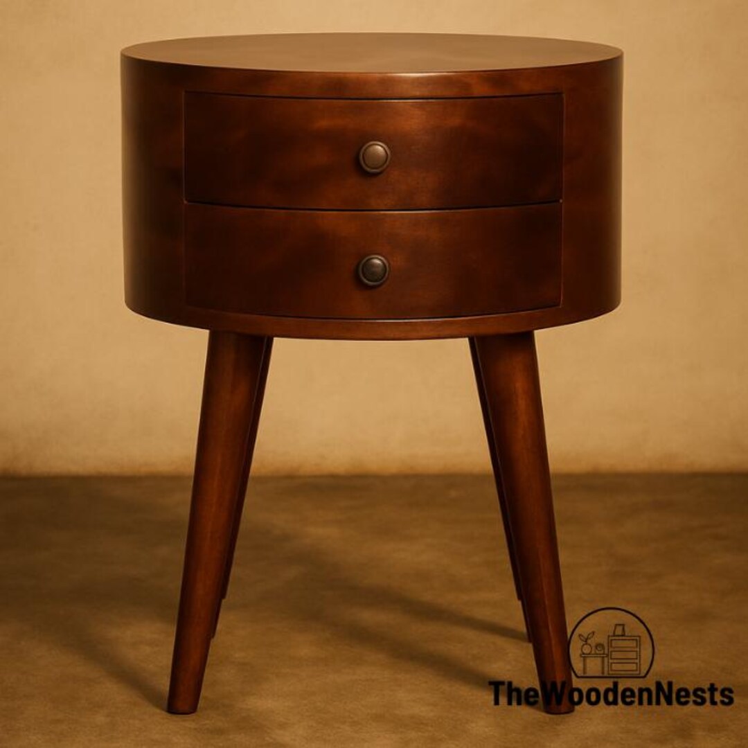 Compact Bedroom 2 Drawer Oval Nightstand - Chestnut Wood Finish Bedroom ...