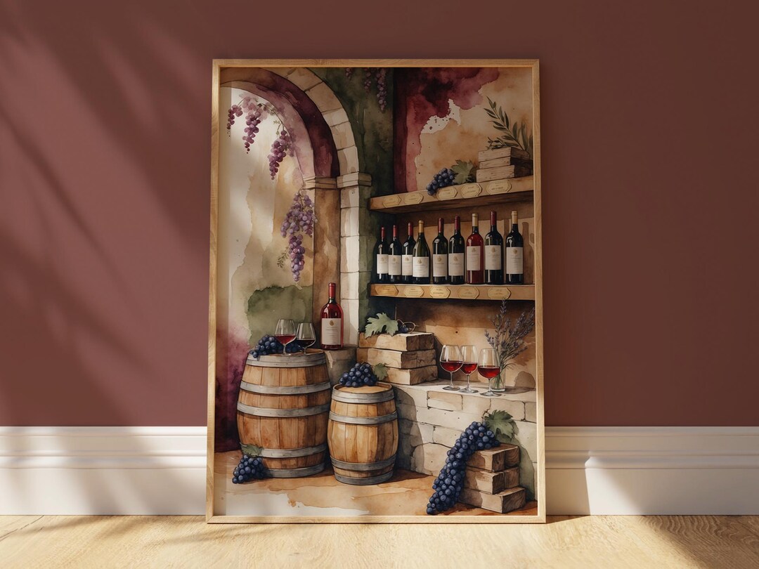Watercolor Wine Cellar Art, Printable Wine Tasting Scene, Boho Winery ...
