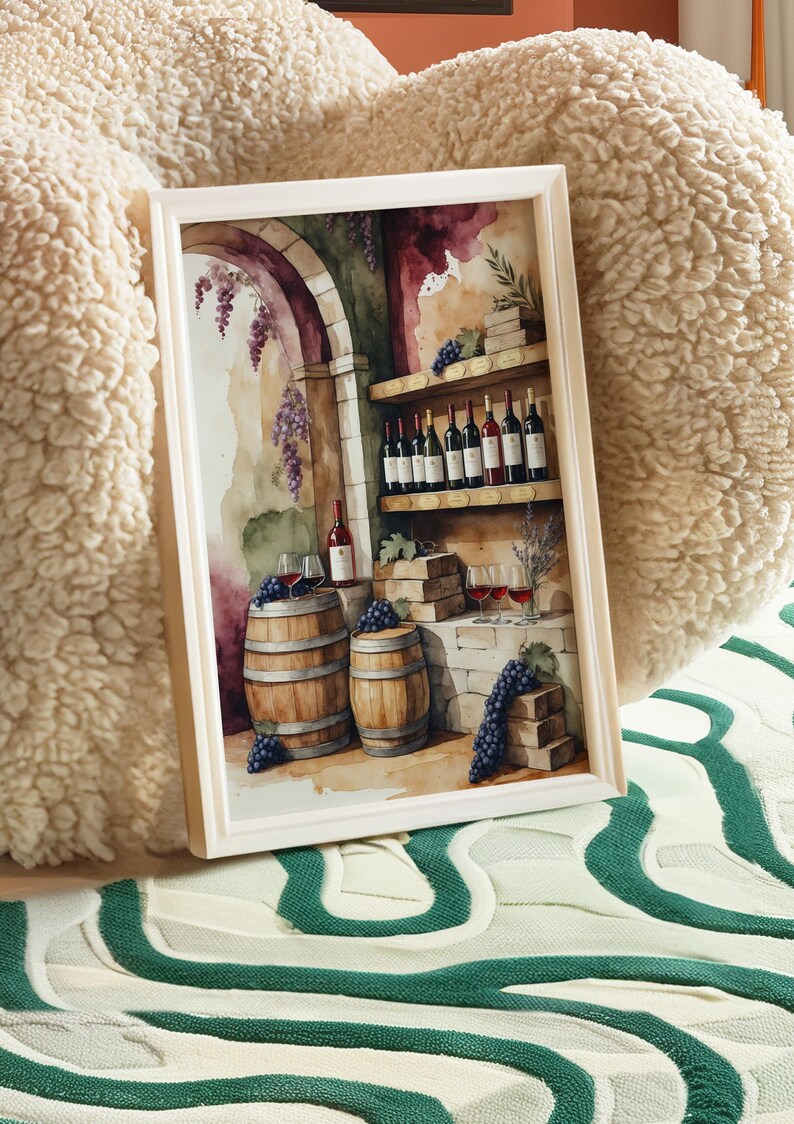 Watercolor Wine Cellar Art, Printable Wine Tasting Scene, Boho Winery ...