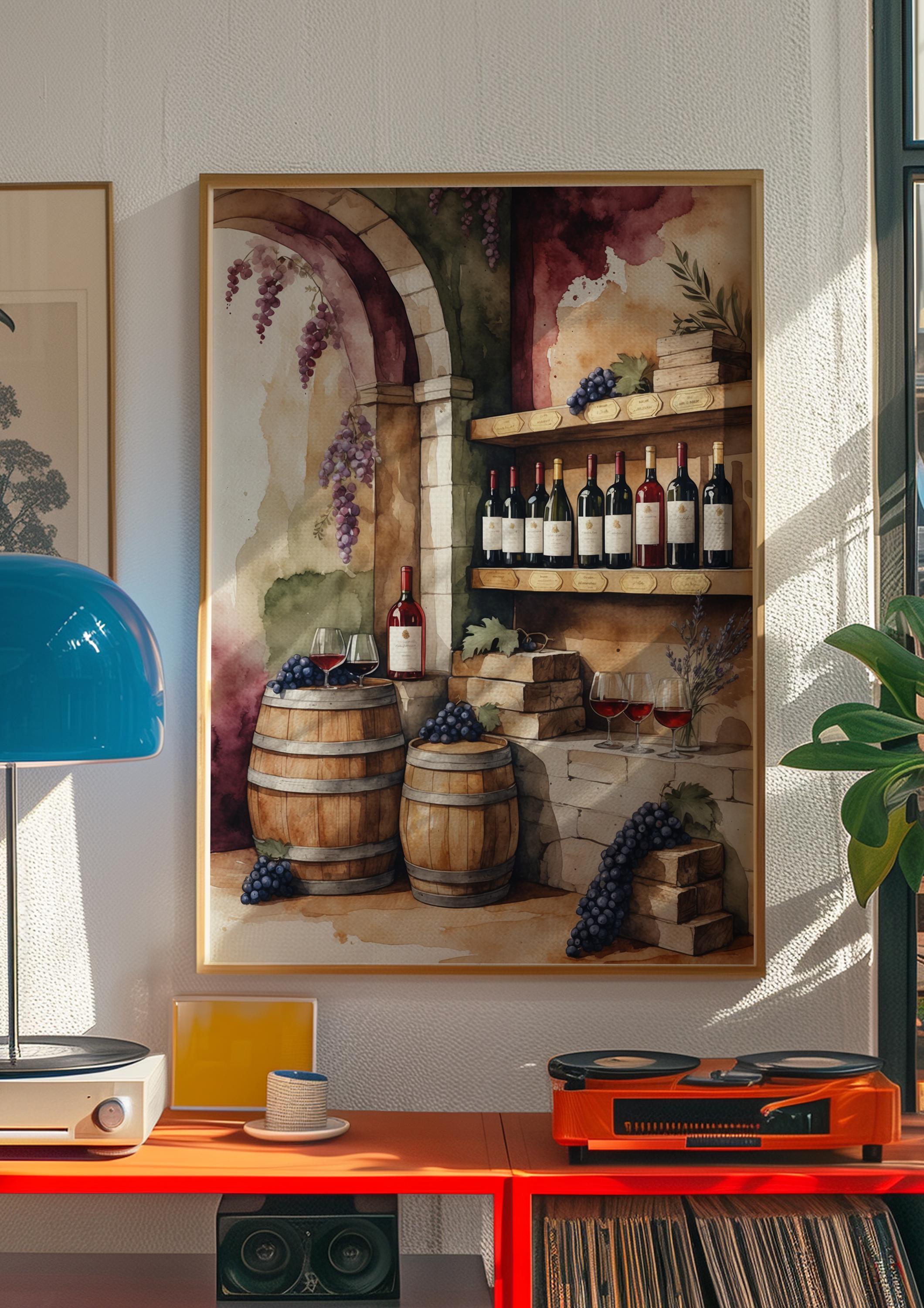 Watercolor Wine Cellar Art, Printable Wine Tasting Scene, Boho Winery ...