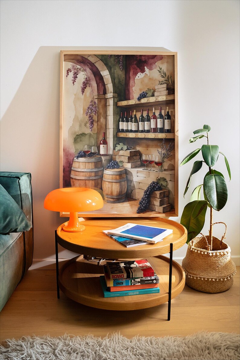 Watercolor Wine Cellar Art, Printable Wine Tasting Scene, Boho Winery ...