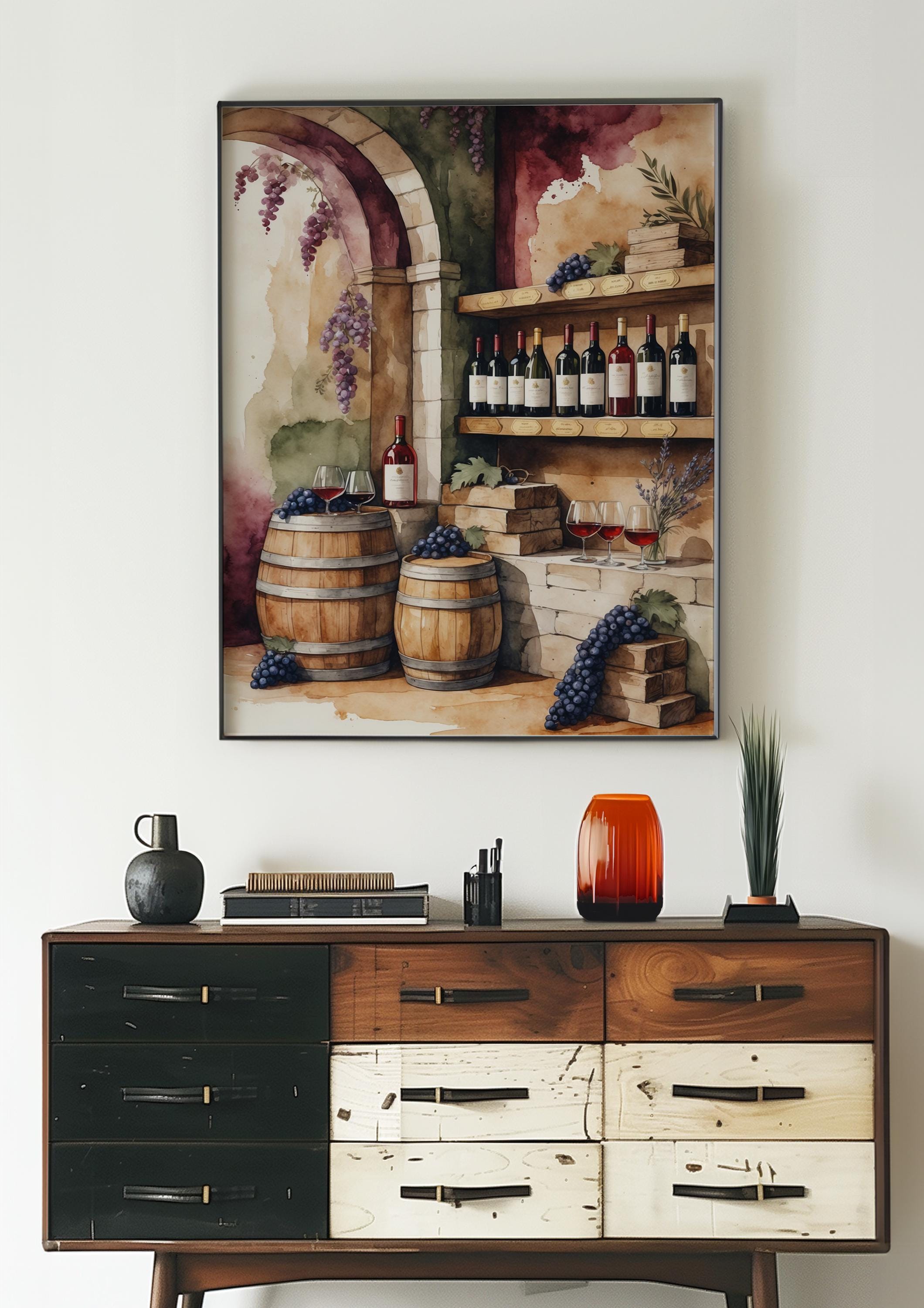 Watercolor Wine Cellar Art, Printable Wine Tasting Scene, Boho Winery ...