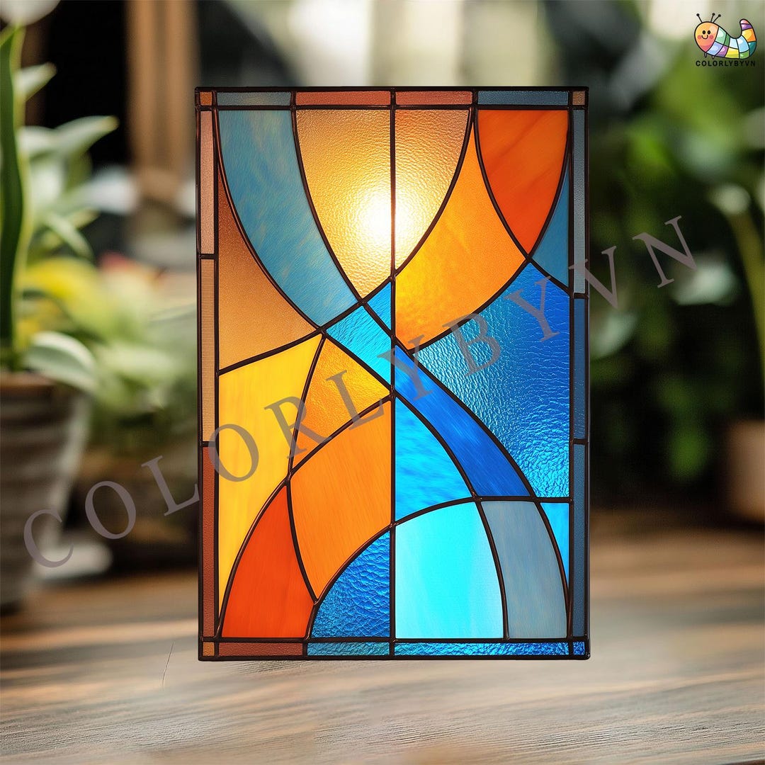 Geometric Stained Glass Pattern: Abstract Blue Orange Panel Template ...