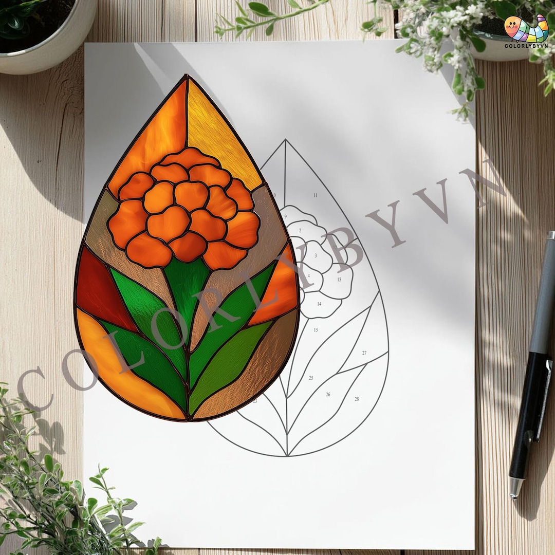 Marigold Stained Glass Pattern, Floral Tear Drop Suncatcher Template ...