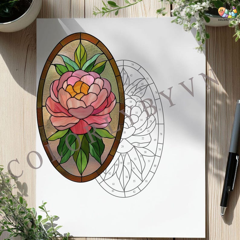 Peony Stained Glass Pattern, Oval Floral Botanical Suncatcher PDF ...