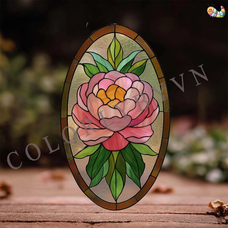 Peony Stained Glass Pattern, Oval Floral Botanical Suncatcher PDF ...