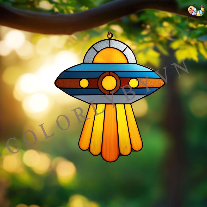 UFO Stained Glass Pattern PDF PNG, Spaceship Suncatcher Template, Space ...