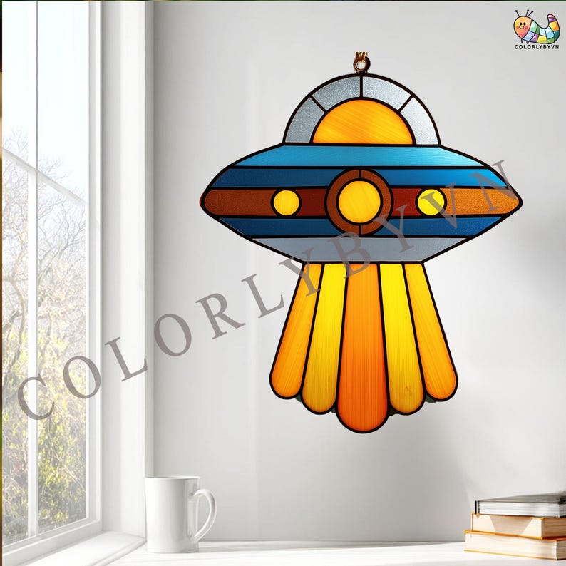 UFO Stained Glass Pattern PDF PNG, Spaceship Suncatcher Template, Space ...