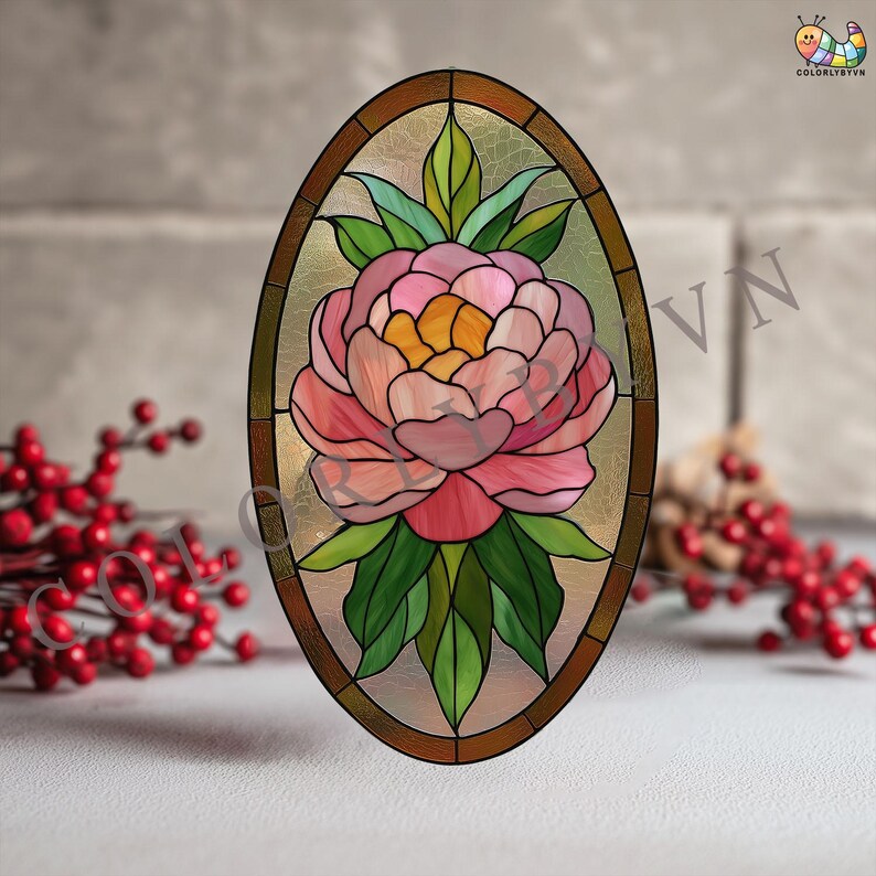Peony Stained Glass Pattern, Oval Floral Botanical Suncatcher PDF ...