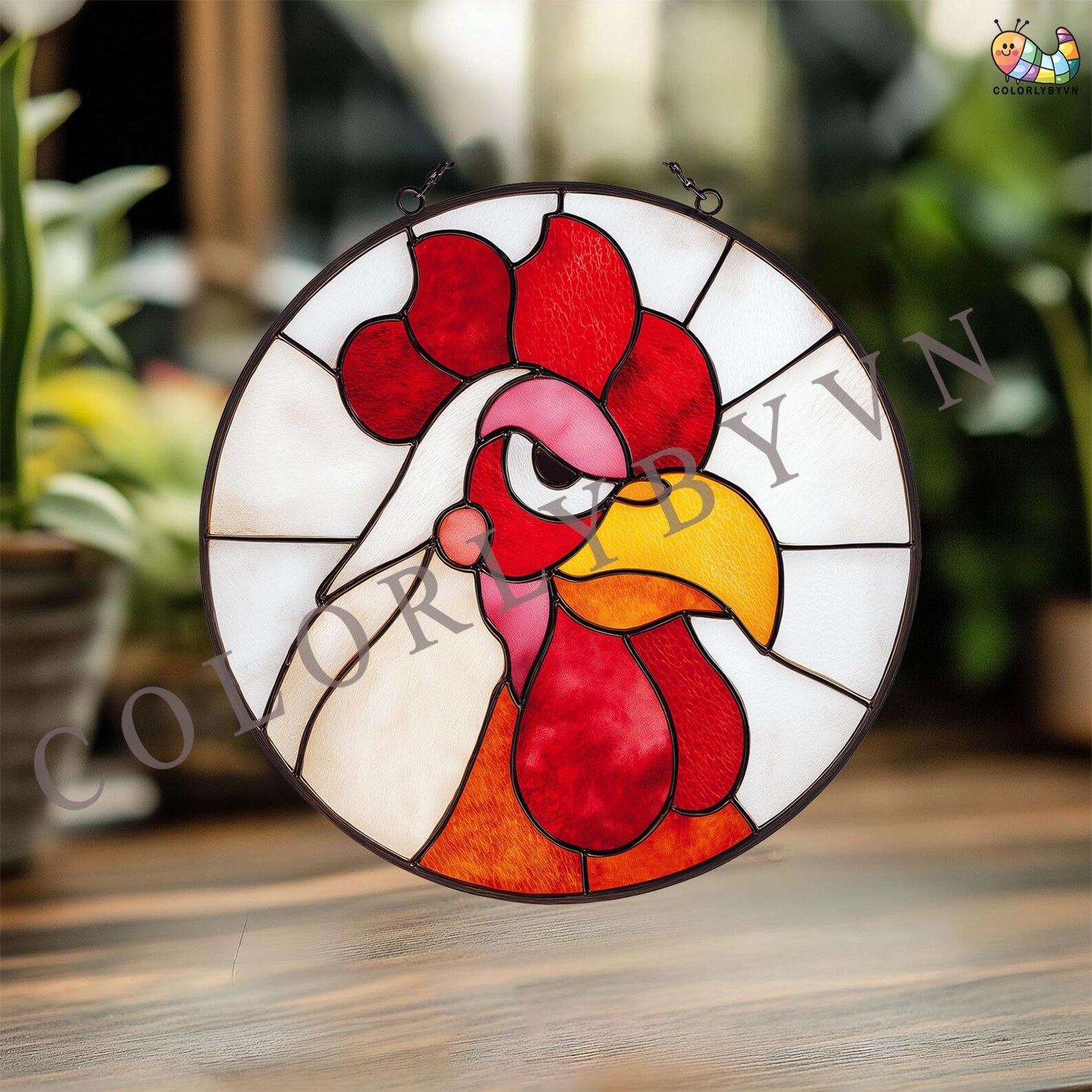 Angry Rooster Stained Glass Pattern, Round Chicken Suncatcher Template ...