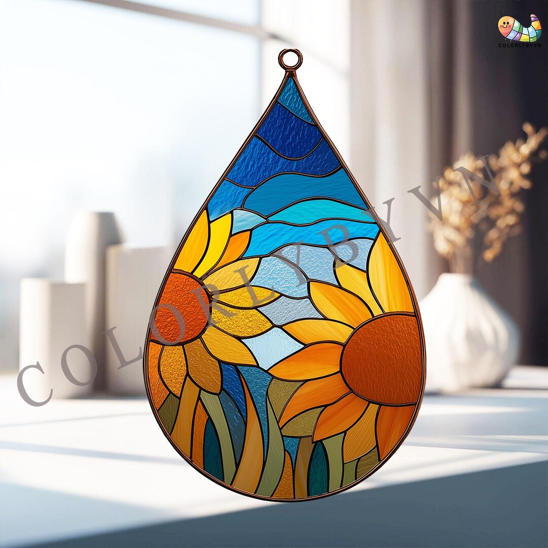 Sunflower Stained Glass Pattern, Teardrop Flower Suncatcher Template, Floral Window Art Design ...