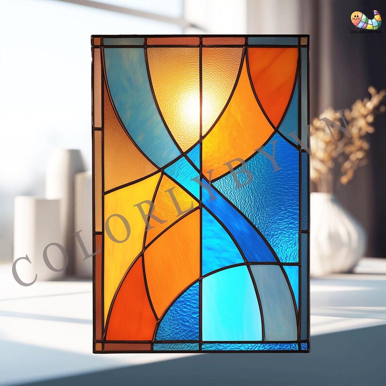Geometric Stained Glass Pattern: Abstract Blue Orange Panel Template ...