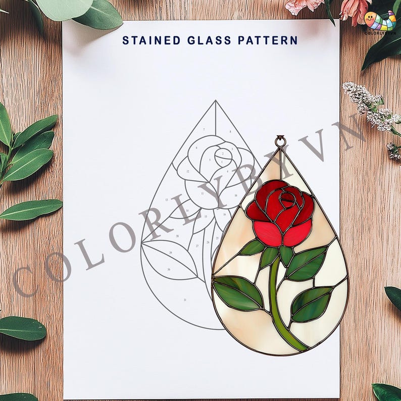 Rose Flower Stained Glass Pattern, Teardrop Floral Suncatcher Template ...