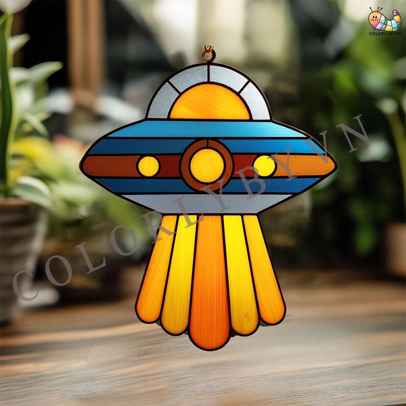 UFO Stained Glass Pattern PDF PNG, Spaceship Suncatcher Template, Space ...