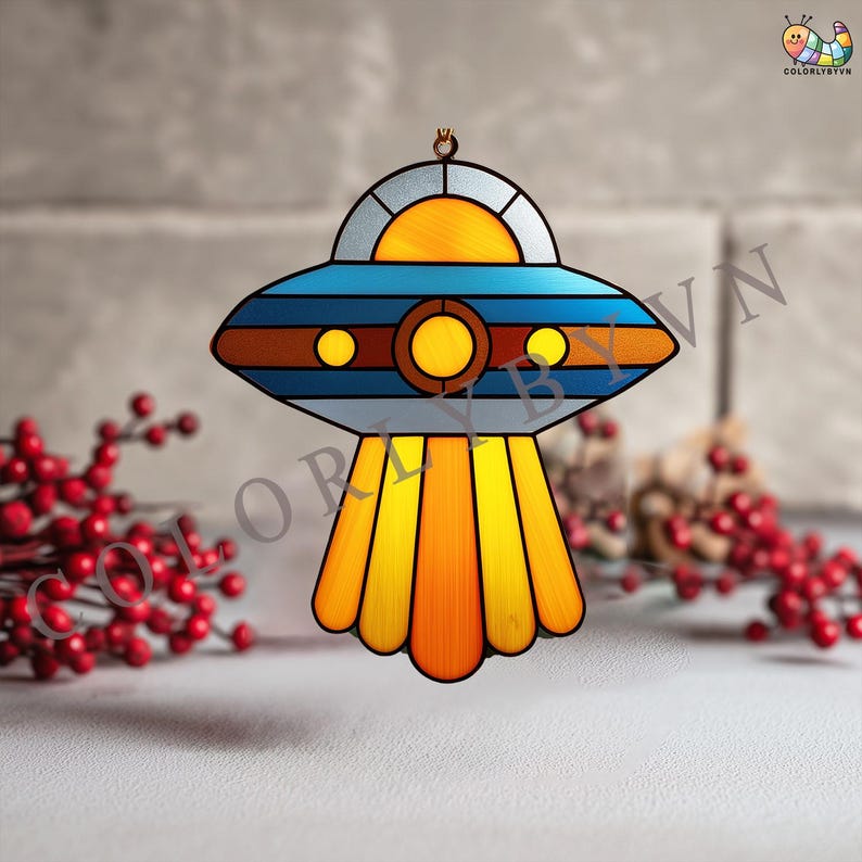 UFO Stained Glass Pattern PDF PNG, Spaceship Suncatcher Template, Space ...