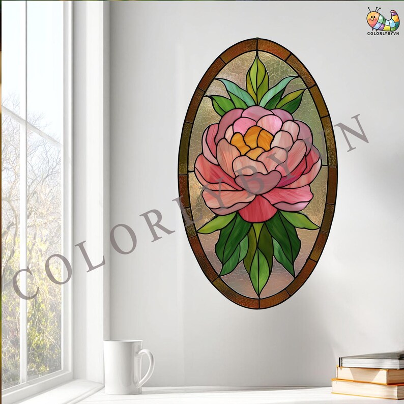 Peony Stained Glass Pattern, Oval Floral Botanical Suncatcher PDF ...
