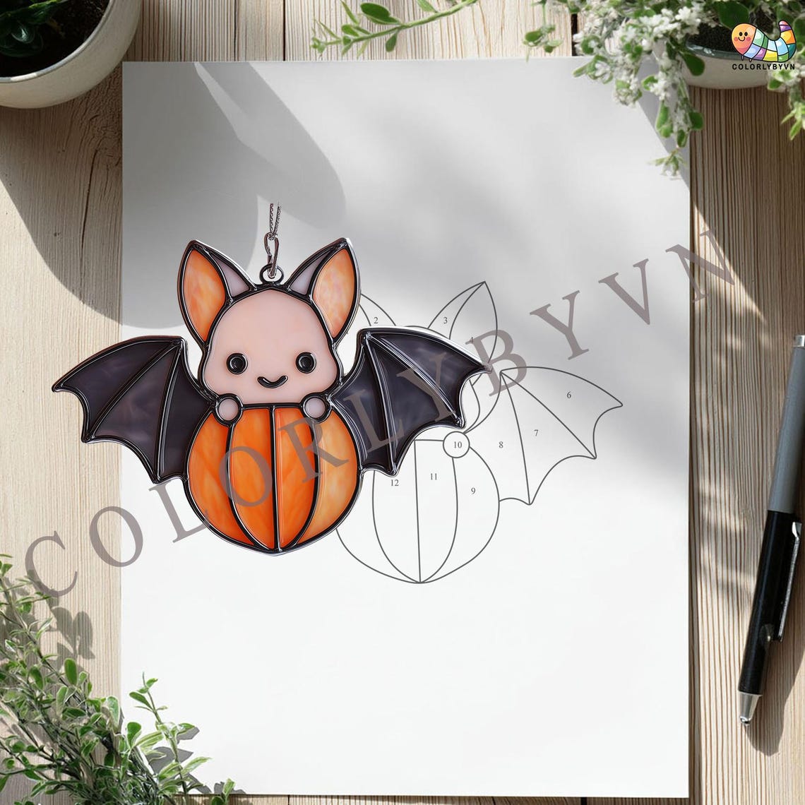 Pumpkin Bat Stained Glass Pattern: Halloween Suncatcher Template (PDF ...