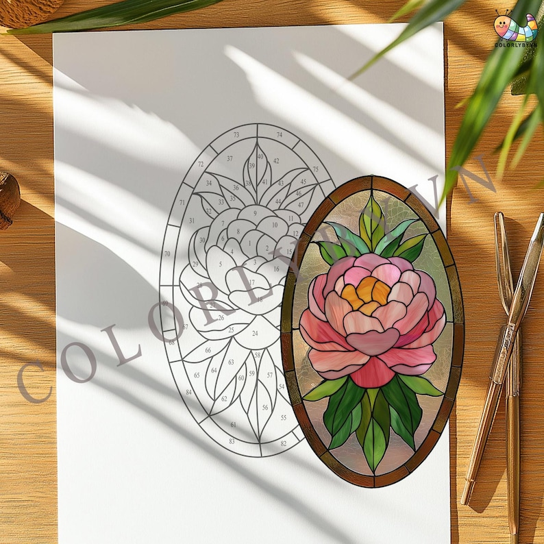 Peony Stained Glass Pattern, Oval Floral Botanical Suncatcher PDF ...