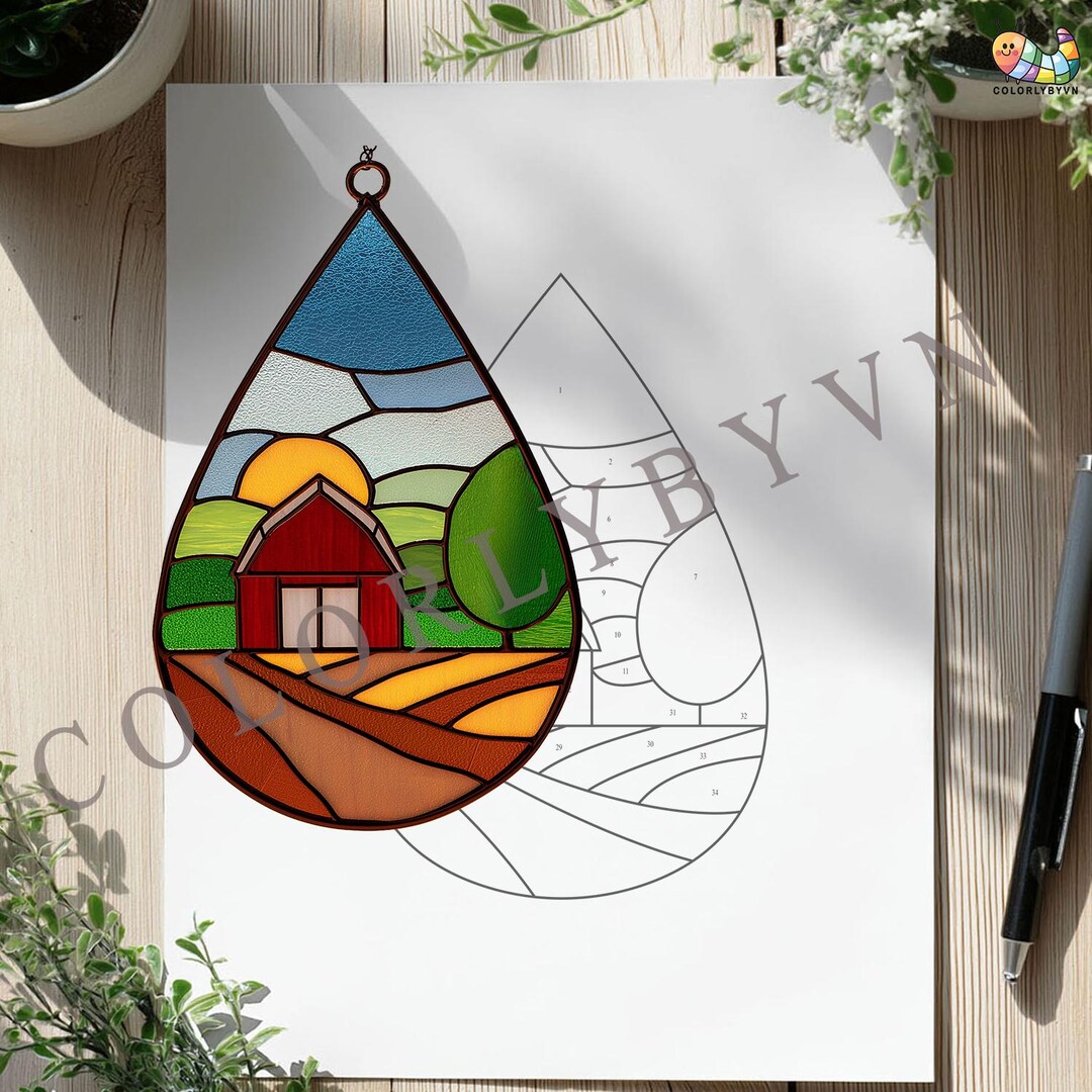 Countryside Farm Stained Glass Pattern: Teardrop Landscape Suncatcher ...