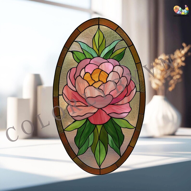 Peony Stained Glass Pattern, Oval Floral Botanical Suncatcher PDF ...
