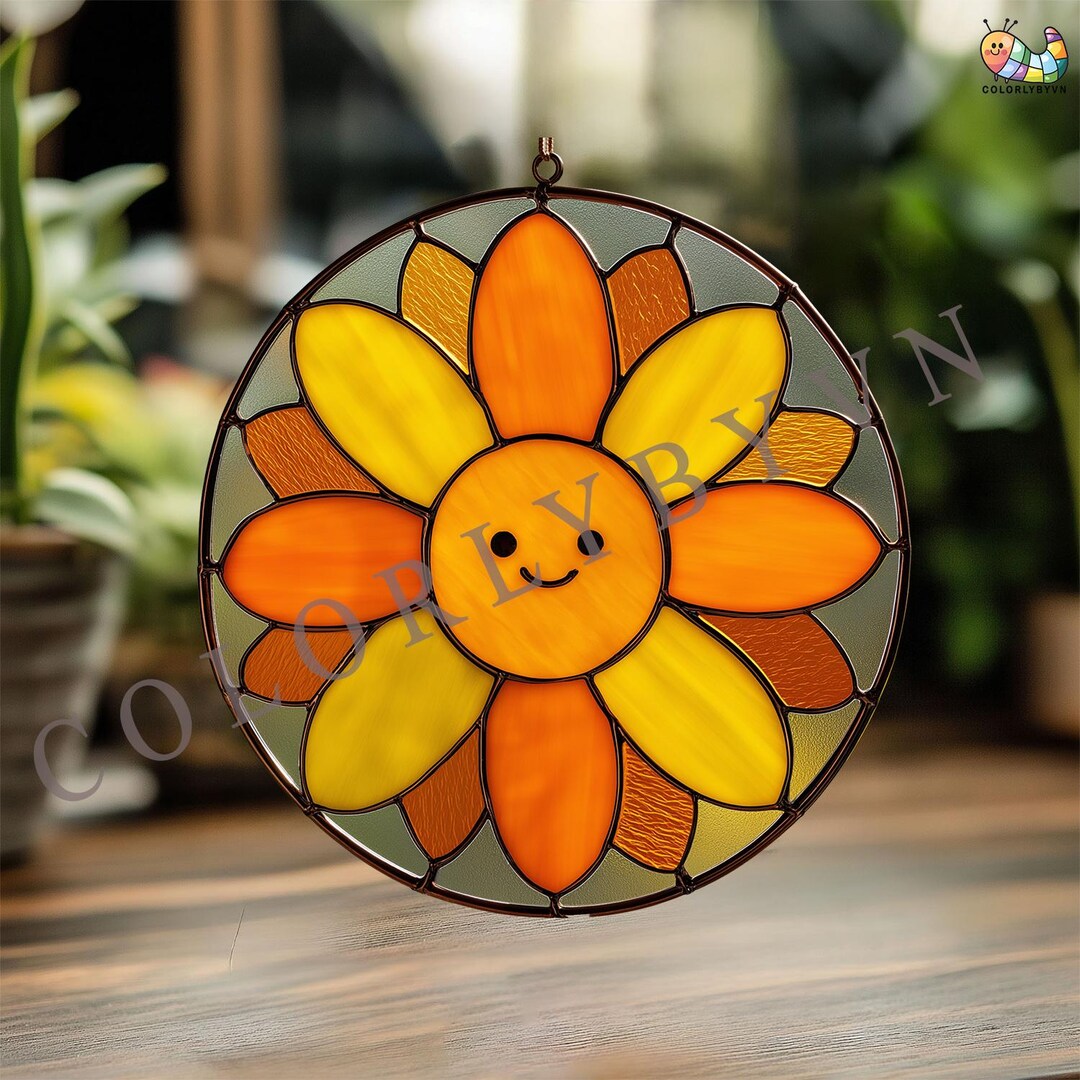 Sunny Flower Stained Glass Pattern: Sunflower Suncatcher Template, Diy ...