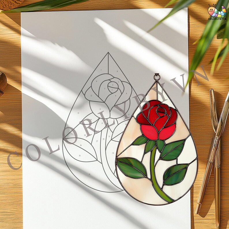 Rose Flower Stained Glass Pattern, Teardrop Floral Suncatcher Template ...
