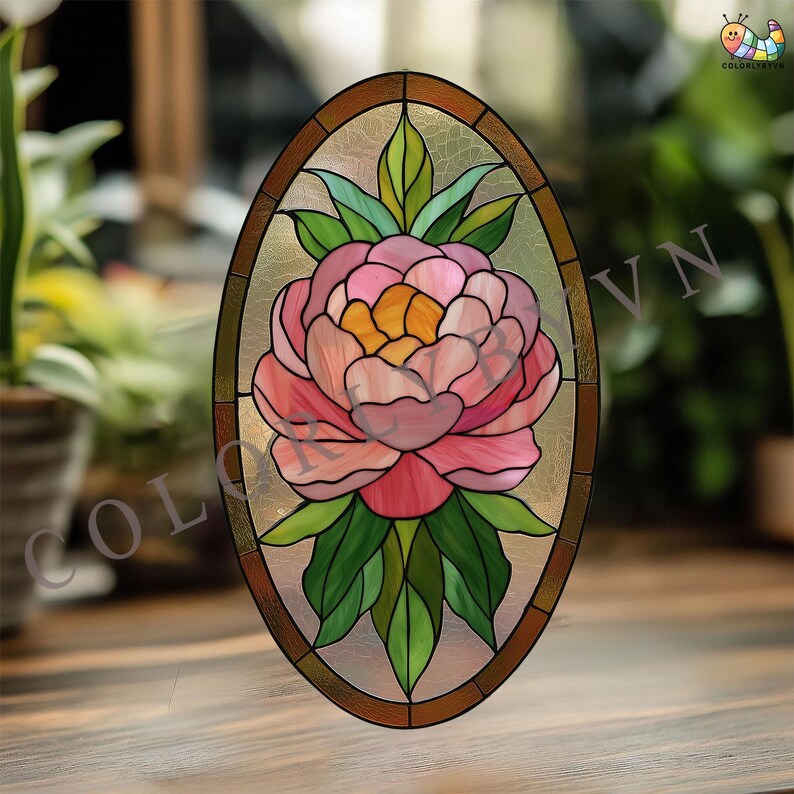 Peony Stained Glass Pattern, Oval Floral Botanical Suncatcher PDF ...