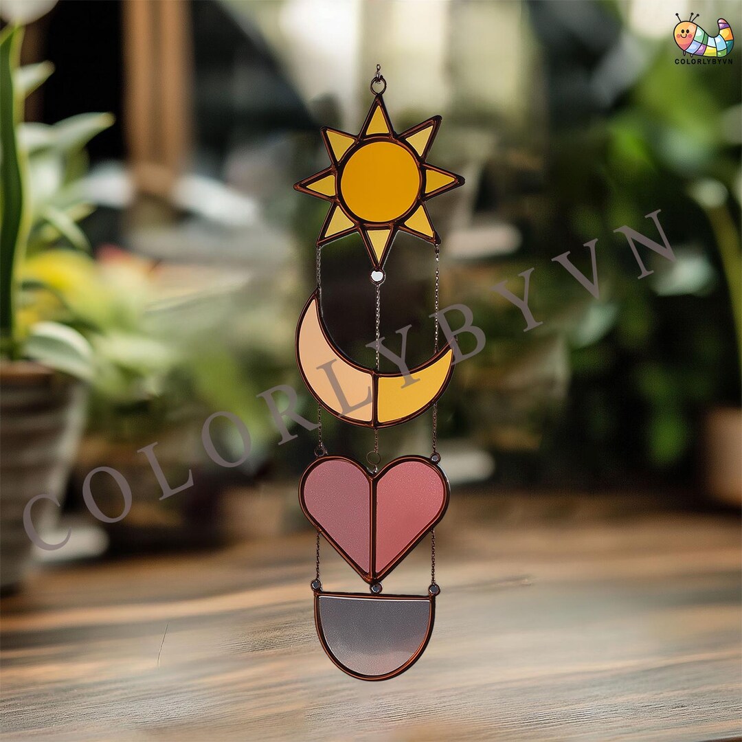Sun Moon Heart Stained Glass Pattern, Celestial Love Window Hanging ...