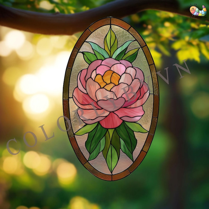 Peony Stained Glass Pattern, Oval Floral Botanical Suncatcher PDF ...