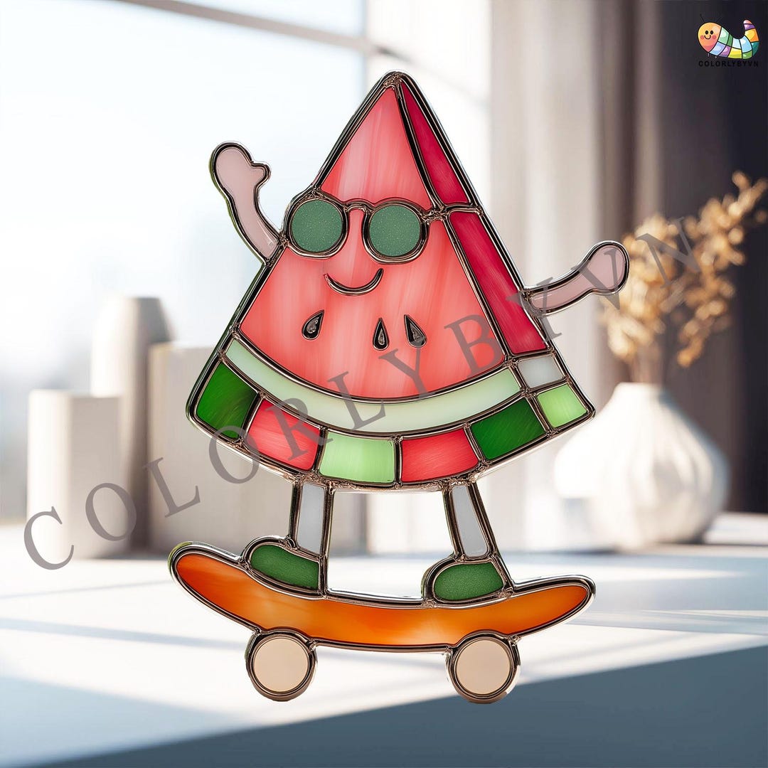 Cute Watermelon Stained Glass Pattern, Kawaii Watermelon on Skateboard ...