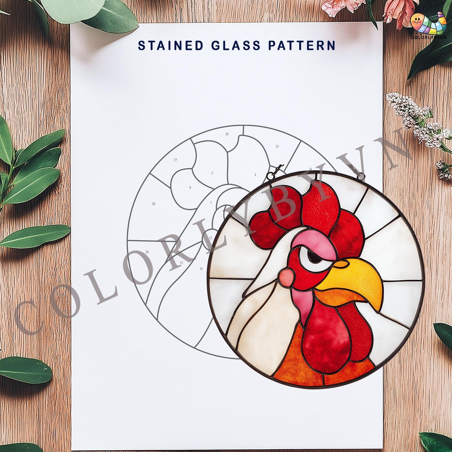 Angry Rooster Stained Glass Pattern, Round Chicken Suncatcher Template ...