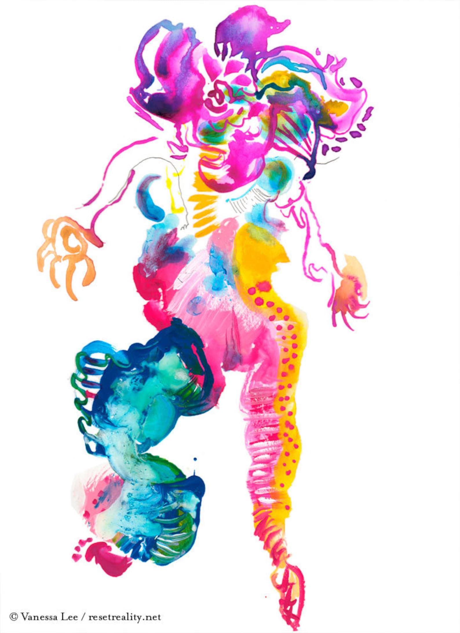 Original Abstract Watercolor Figure Painting Featuring Bright Colorful ...