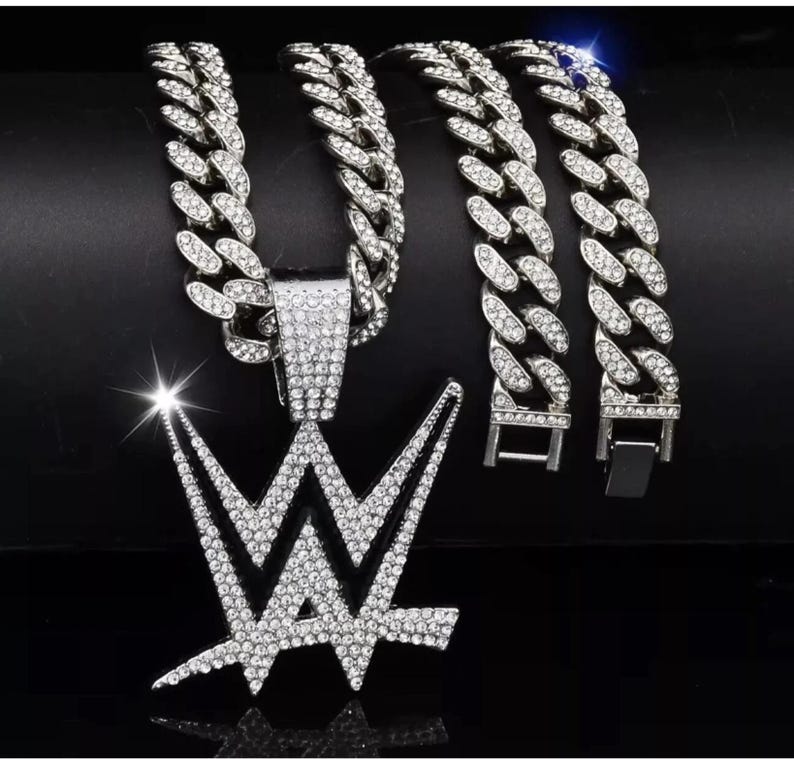 WWE Gem Chain 24" Iced Out Pendant Necklace Gold Silver Wrestling Fan ...