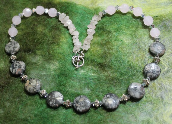 Pink Fossils Necklace of Fossil Stone Pink Quartz Sterling - Etsy