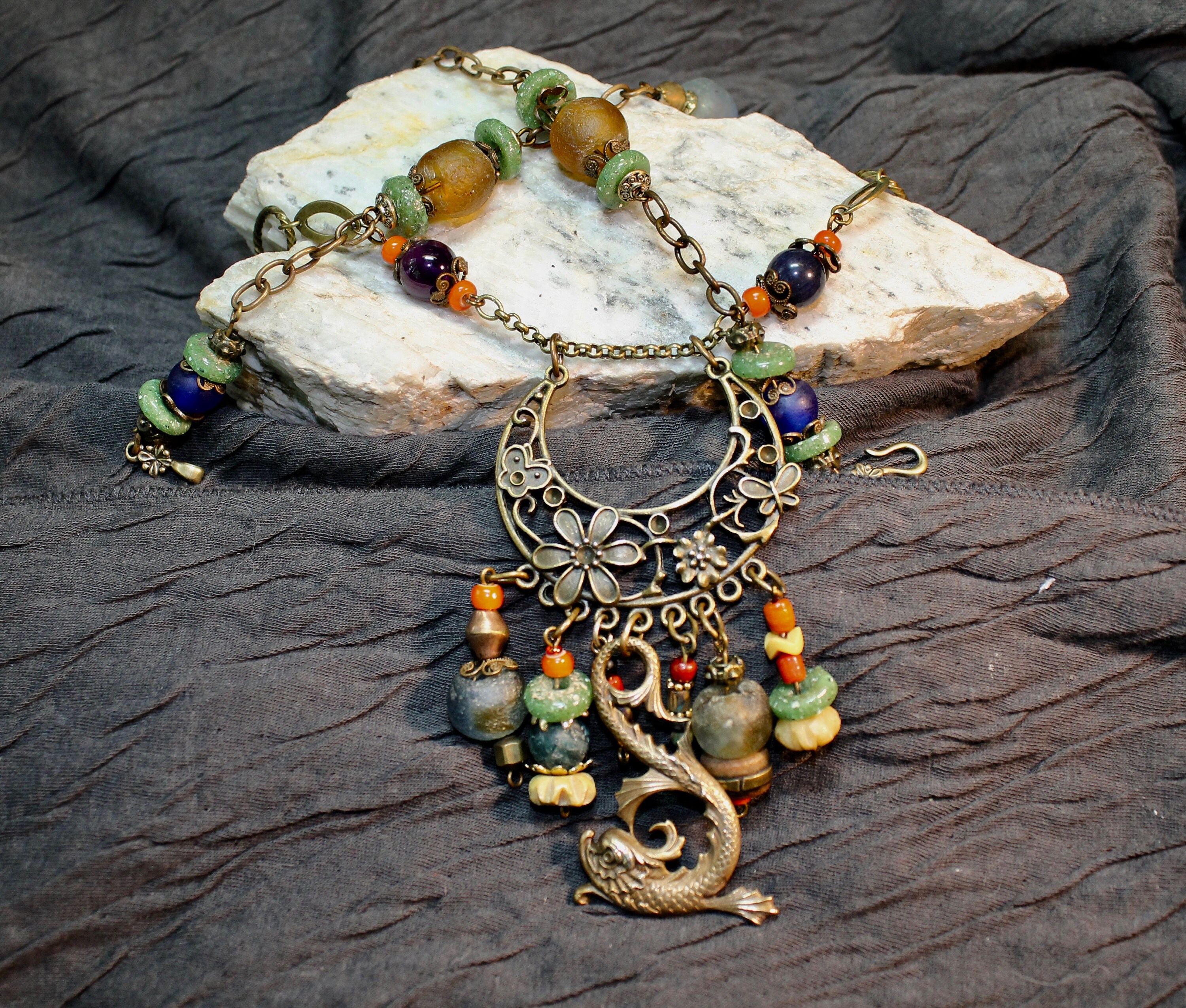 Denizen of the Deep-necklace of Brass Pendent, African Sand Cast Glass ...