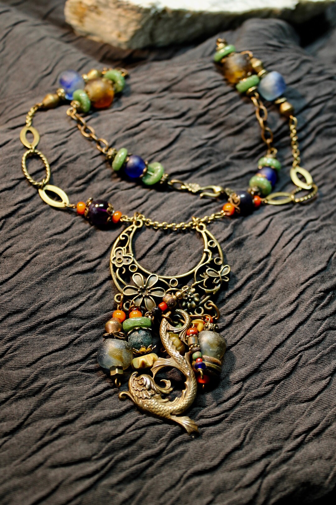 Denizen of the Deep-necklace of Brass Pendent, African Sand Cast Glass ...