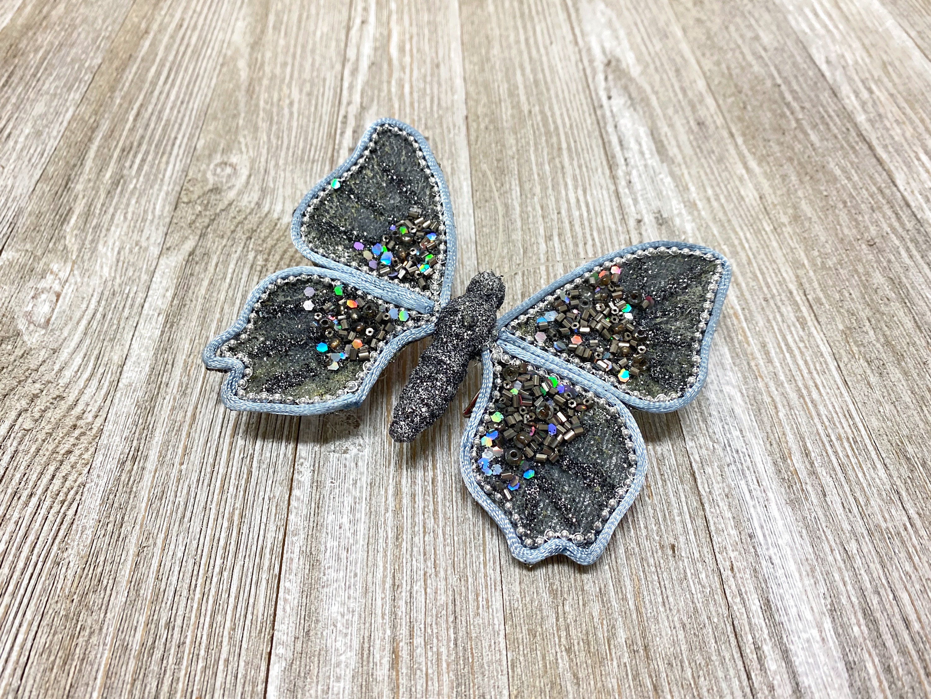 Silver BLUE Gray Glitter Artificial Butterfly on Clip- Gift Topper ...