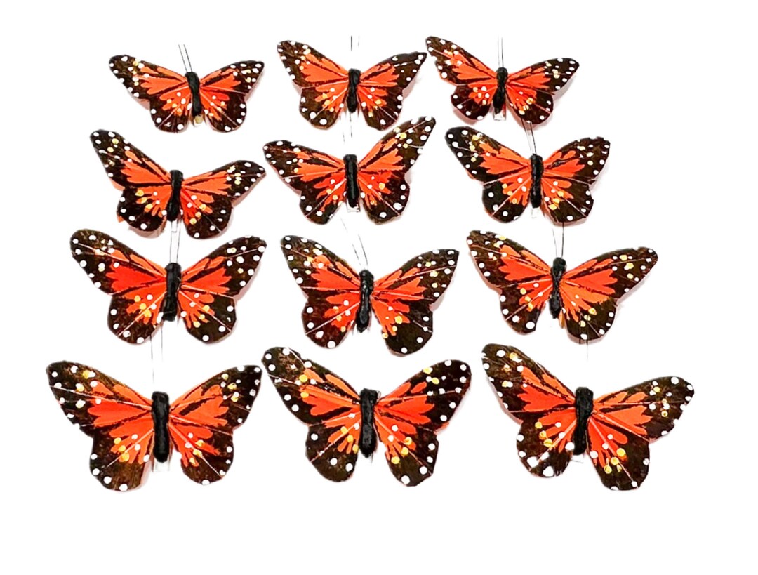 12 Orange Monarch Feather Artificial Butterflies - Embellishments ...