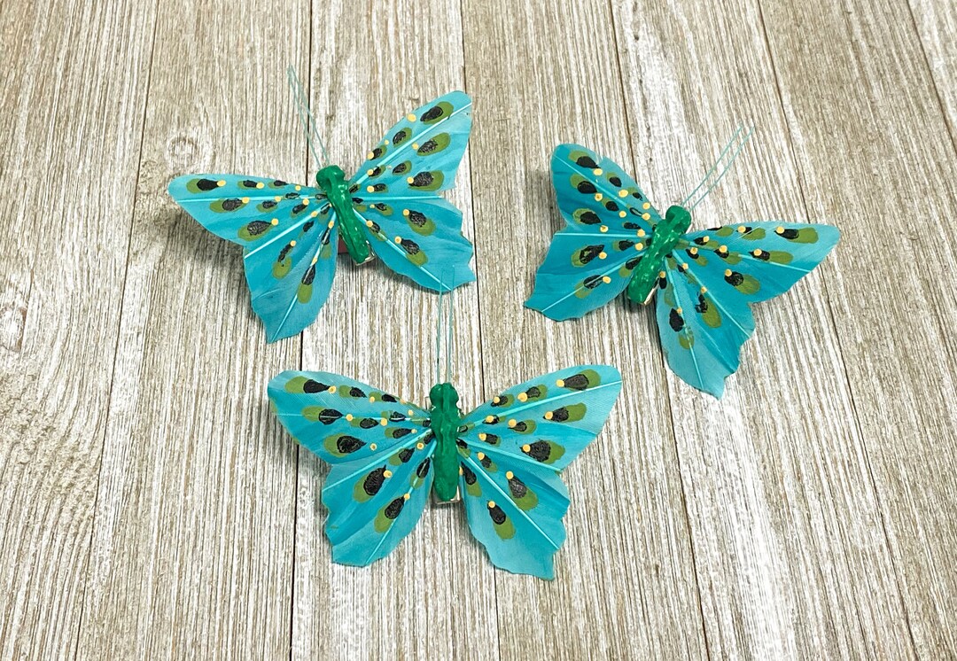 3 AQUA GREEN Feather Butterflies on Clips- Artificial Butterfly, Hair ...