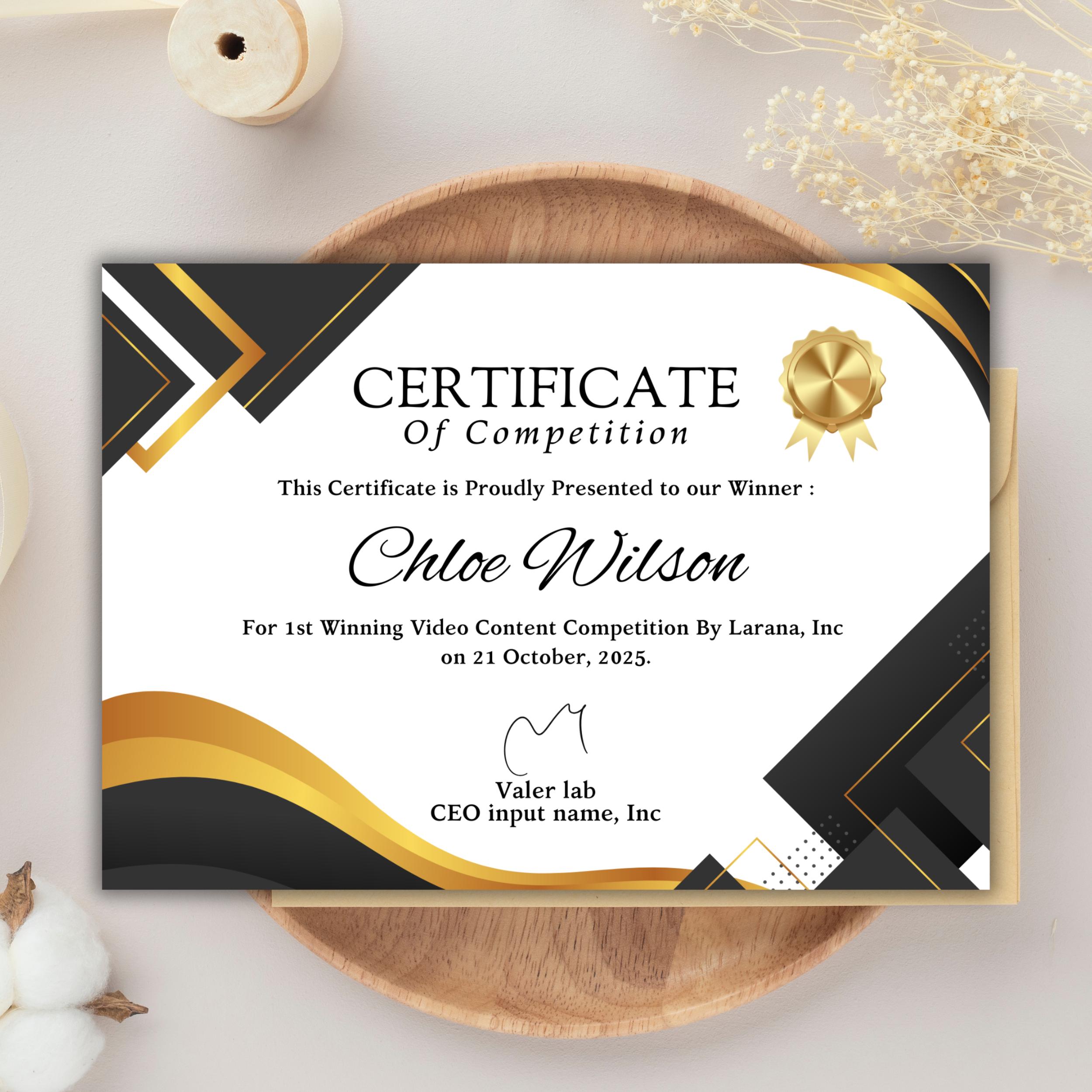Editable Certificate of Competition Canva Template | Black Gold Elegant ...