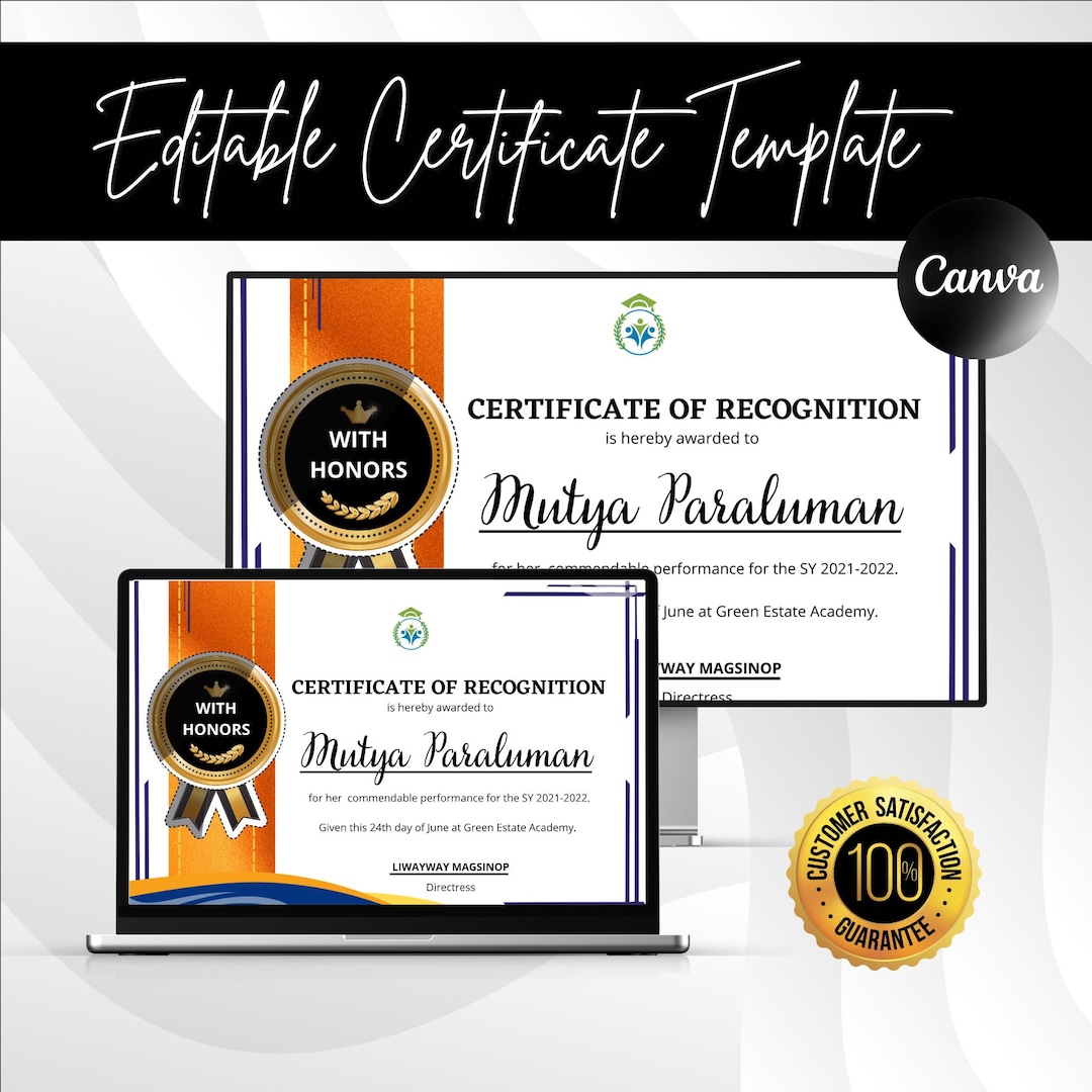 Editable Certificate of Recognition Template | White Orange Blue Honors ...