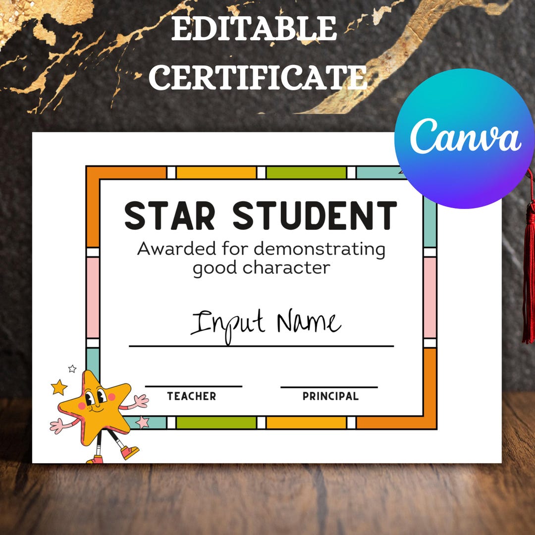 Star Student Award Certificate Canva Template | Editable Kids School ...