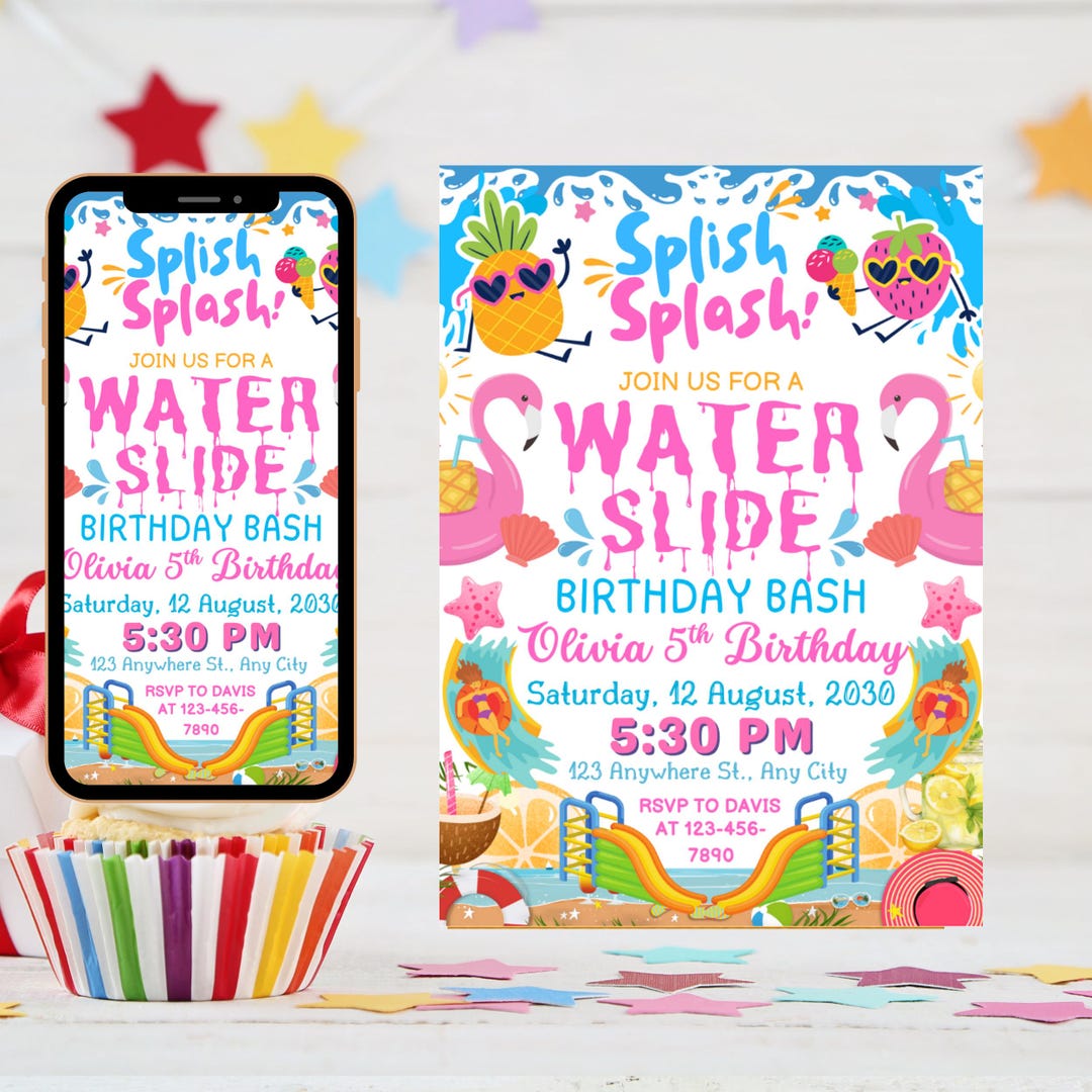Editable Waterslide Birthday Invitation, Summer Pool Party, Splash ...